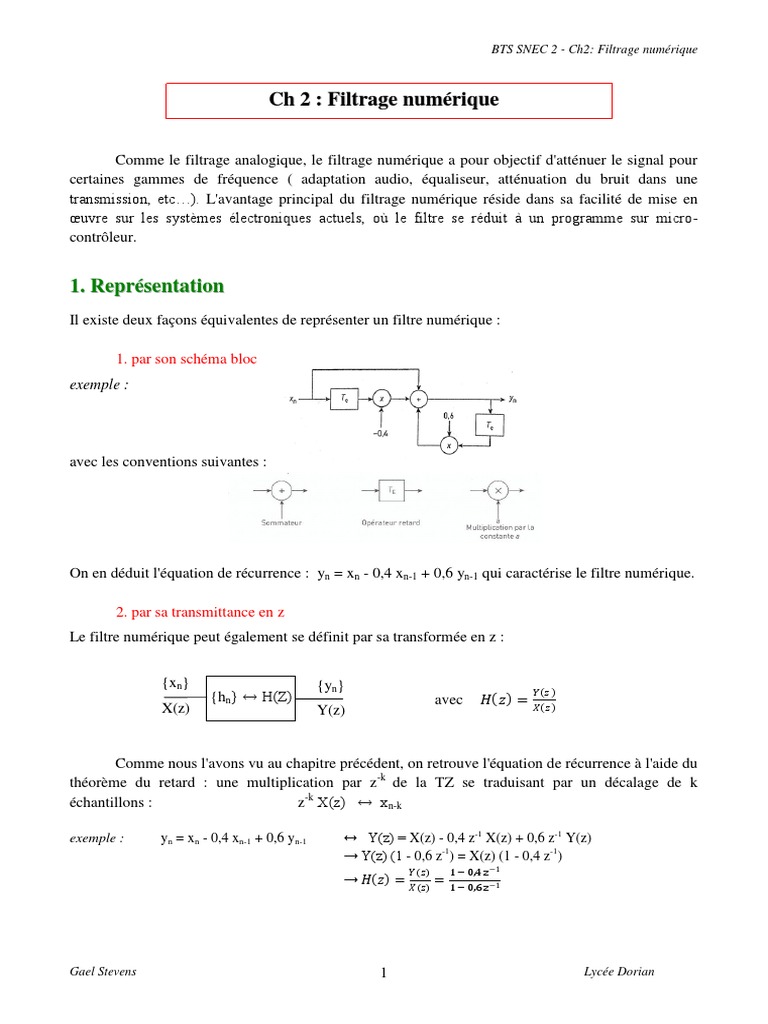 Filtrage Numérique en BTS SNEC | PDF | Filtre (électronique ...
