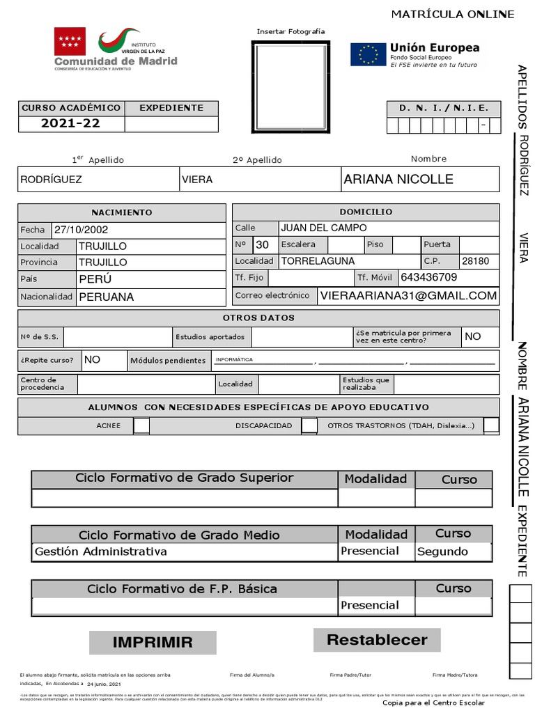 HECHA Impreso Matrícula CF Presencial 2021-2022 Matricula | PDF
