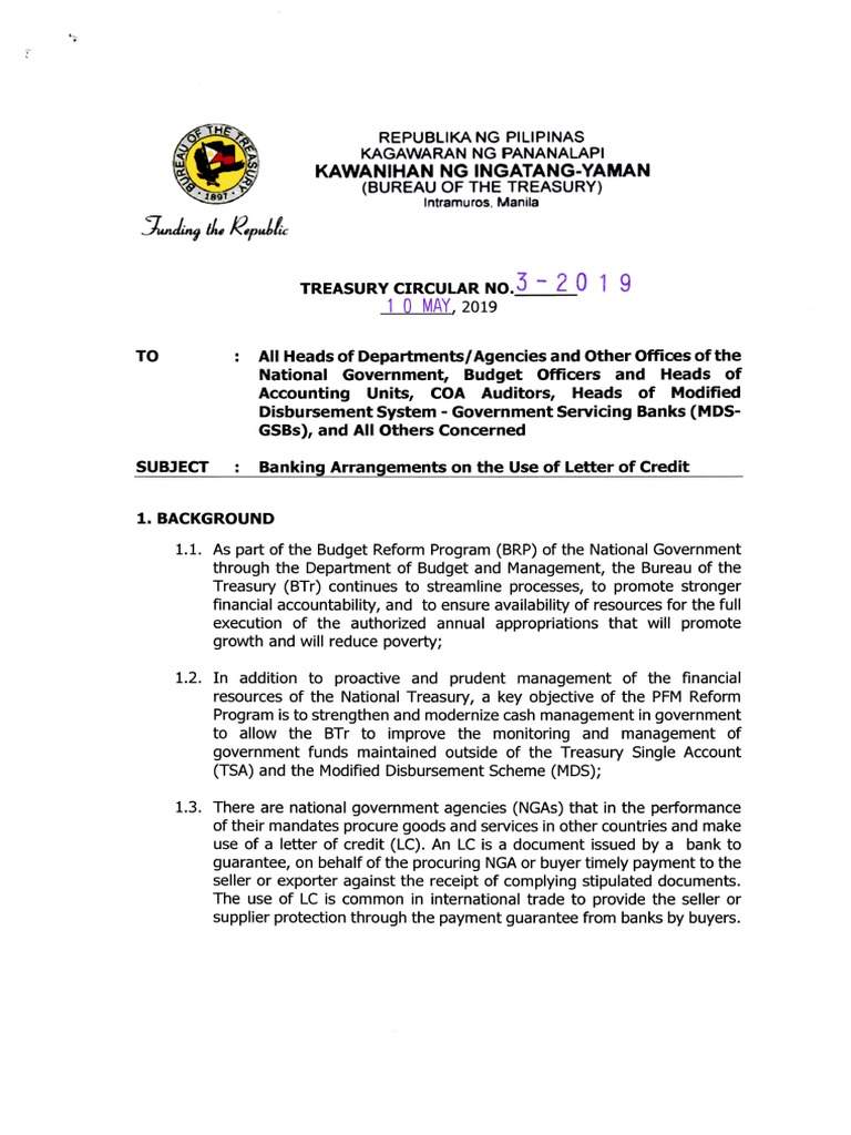 Treasury Circular No. 3-2019 - Banking Arrangements On The Use of ...