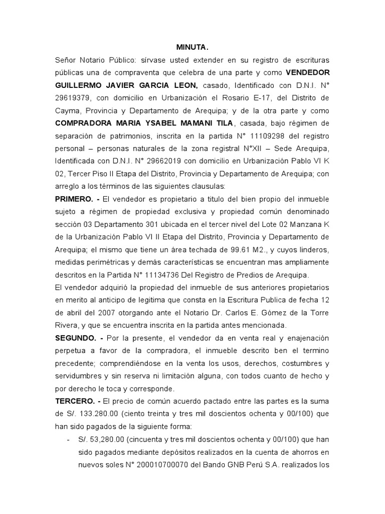 Minuta Compraventa de Bien Inm. de Guillermo Garcia y Maria Mamani | PDF