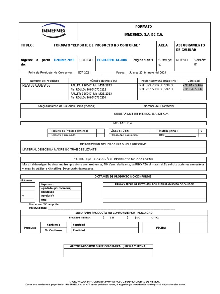 Formato Producto No Conforme | PDF