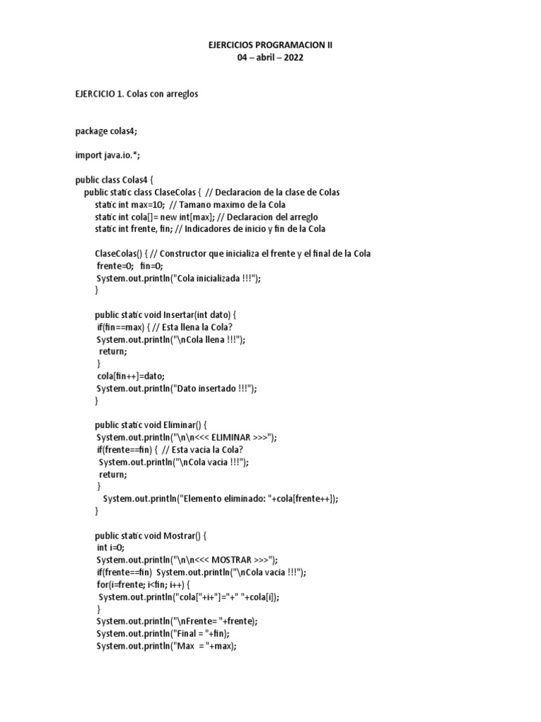 22-09-2022 Ejercicios - COLAS - Implementación de Colas Con Arreglos | PDF | Cola (tipo de datos ...