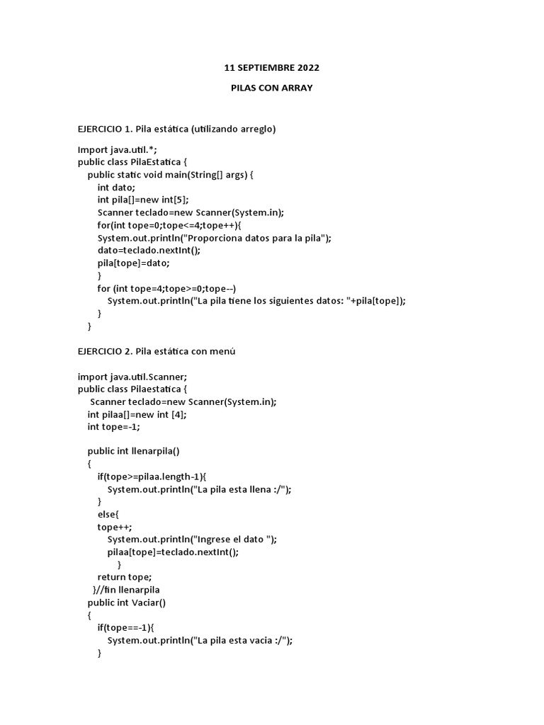 Ejercicios de Pilas en Java con Arreglos | PDF | Ingeniería de software | Programación de ...