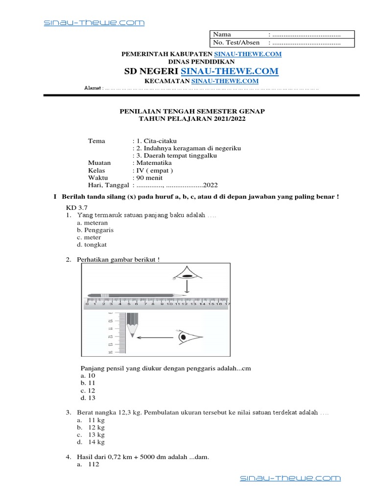 Soal PTS Kelas 4 Semester 2 Matematika Tahun 2022 | PDF | Griya & Taman