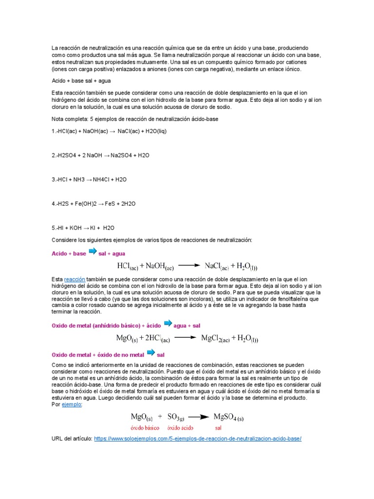 Reacciones de Neutralización Ácido-Base | PDF | Sal (química ...