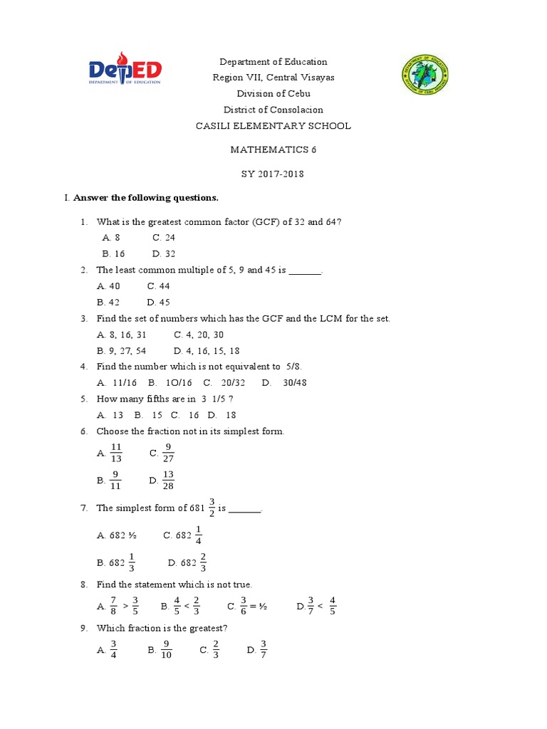 Testpaper in Math 2017-2018 | PDF | Discrete Mathematics | Number Theory