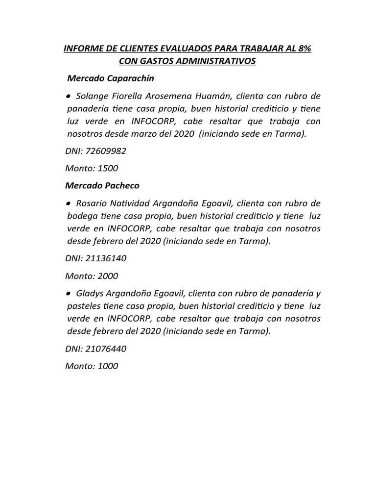 Informe de Clientes Evaluados para Trabajar Al Ocho | PDF