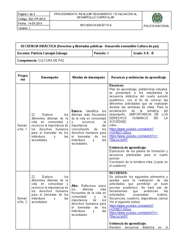 9, A - B Secuencia Didáctica Cultura de Paz Cuarto Periodo 2022 | PDF | Evaluación | Aprendizaje