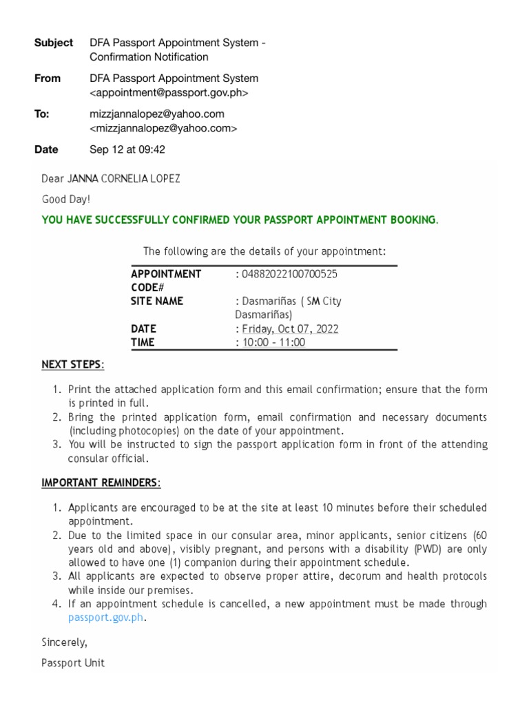 DFA Passport Appointment System - Confirmation Notification DFA ...