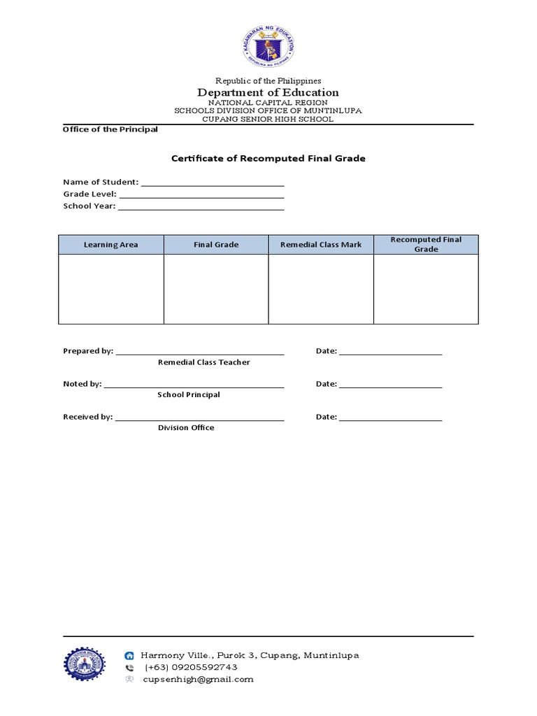 Certificate of Recomputed Final Grade PDF