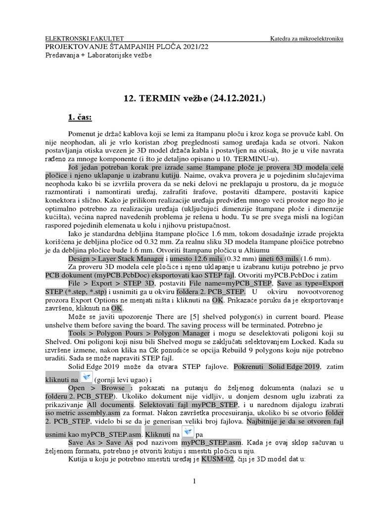 PROJEKTOVANJE STAMPANIH PLOCA XII Termin SolidEdge19 | PDF