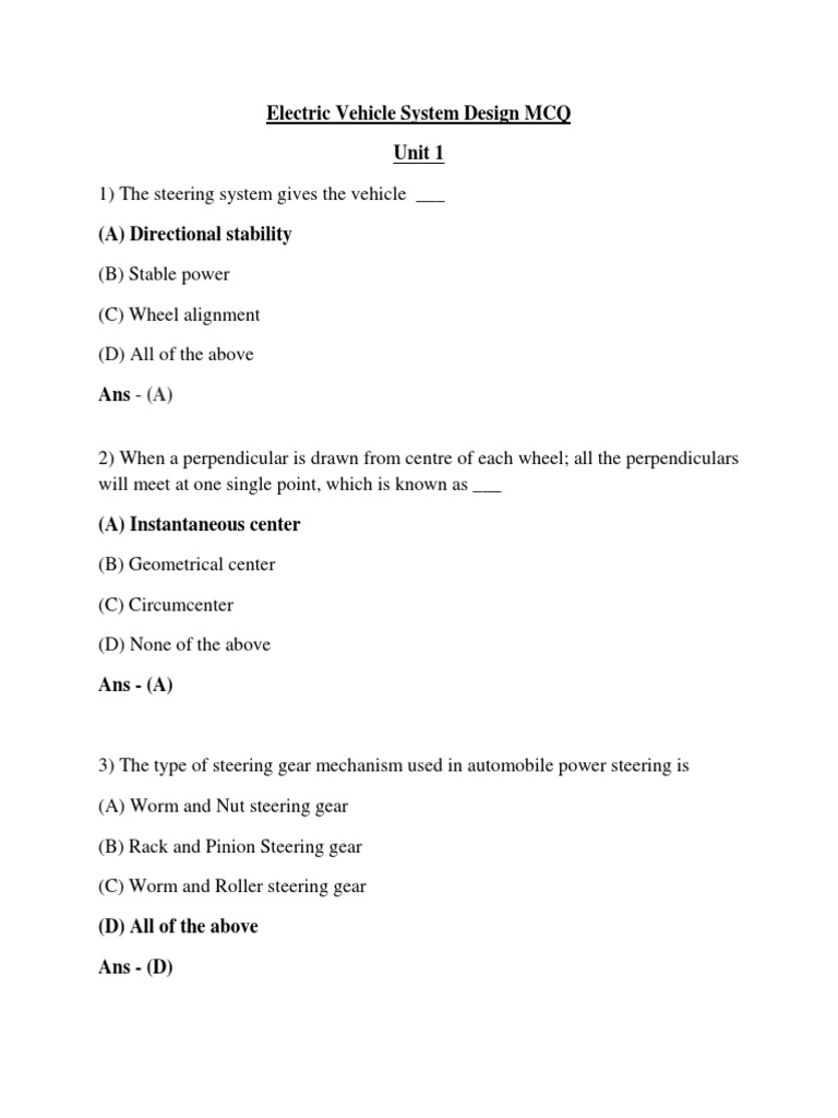 Electric Vehicle System Design MCQs | PDF | Steering | Automotive Industry
