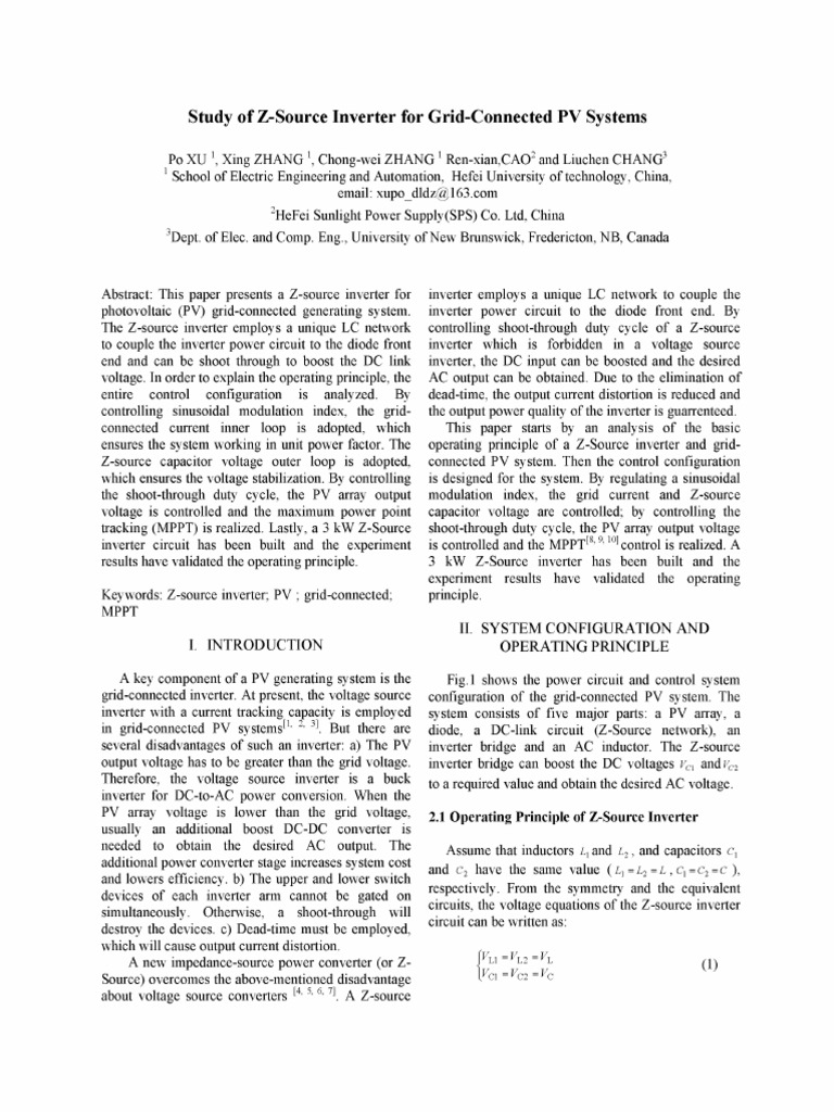 Z-Source Inverter For Grid-Connected | PDF | Power Inverter | Photovoltaic System