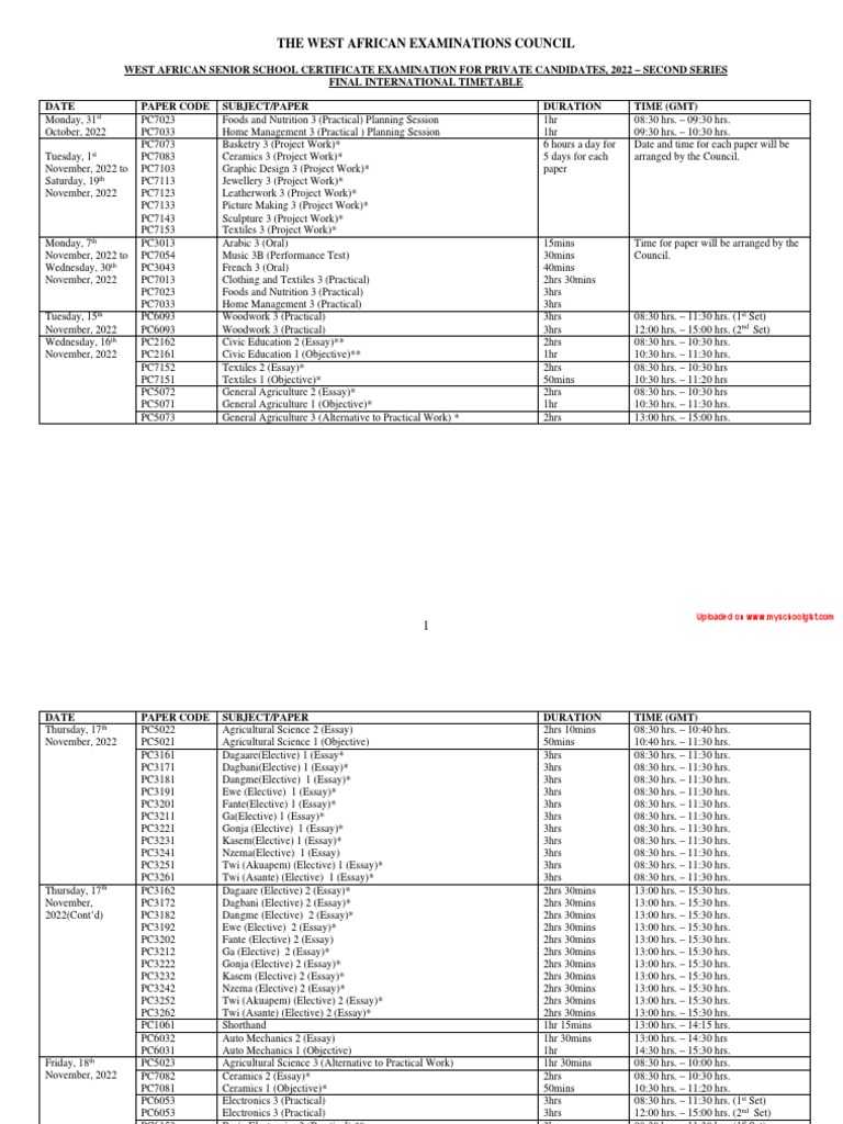 WAEC GCE Timetable 2022 2nd Series | PDF