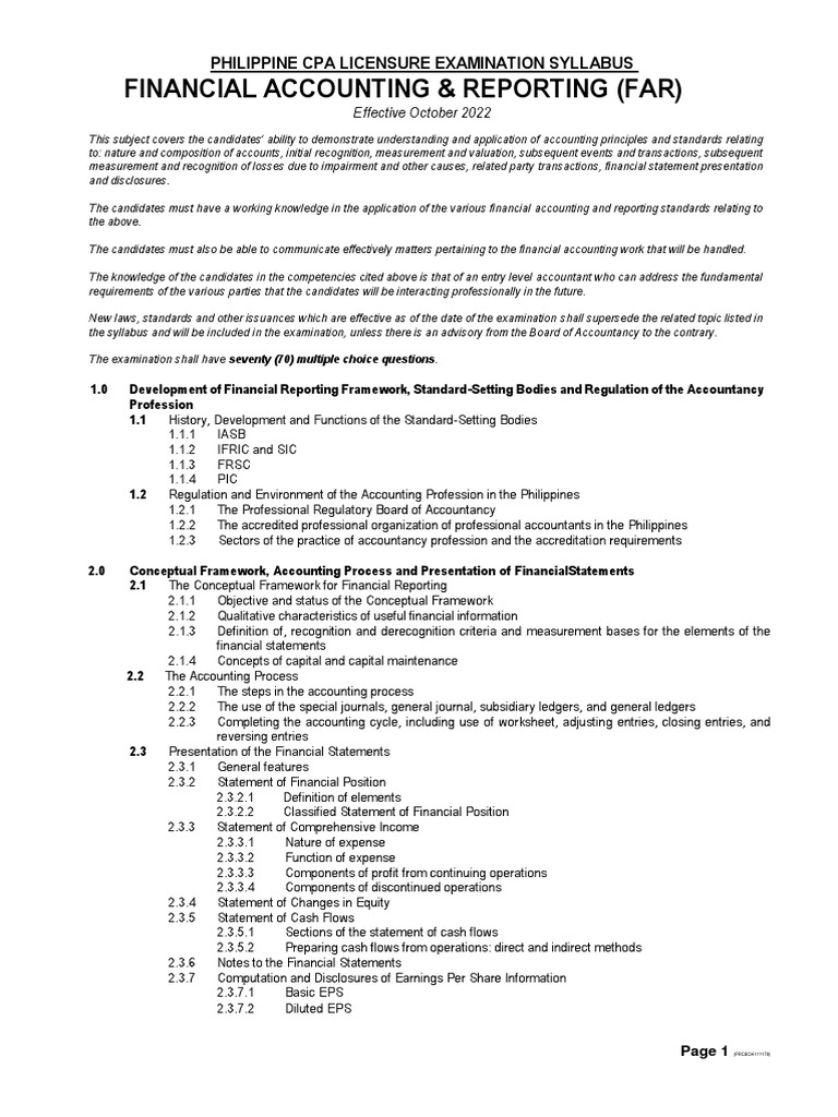 CPA Licensure Exam FAR Syllabus 2022 | PDF | Historical Cost ...