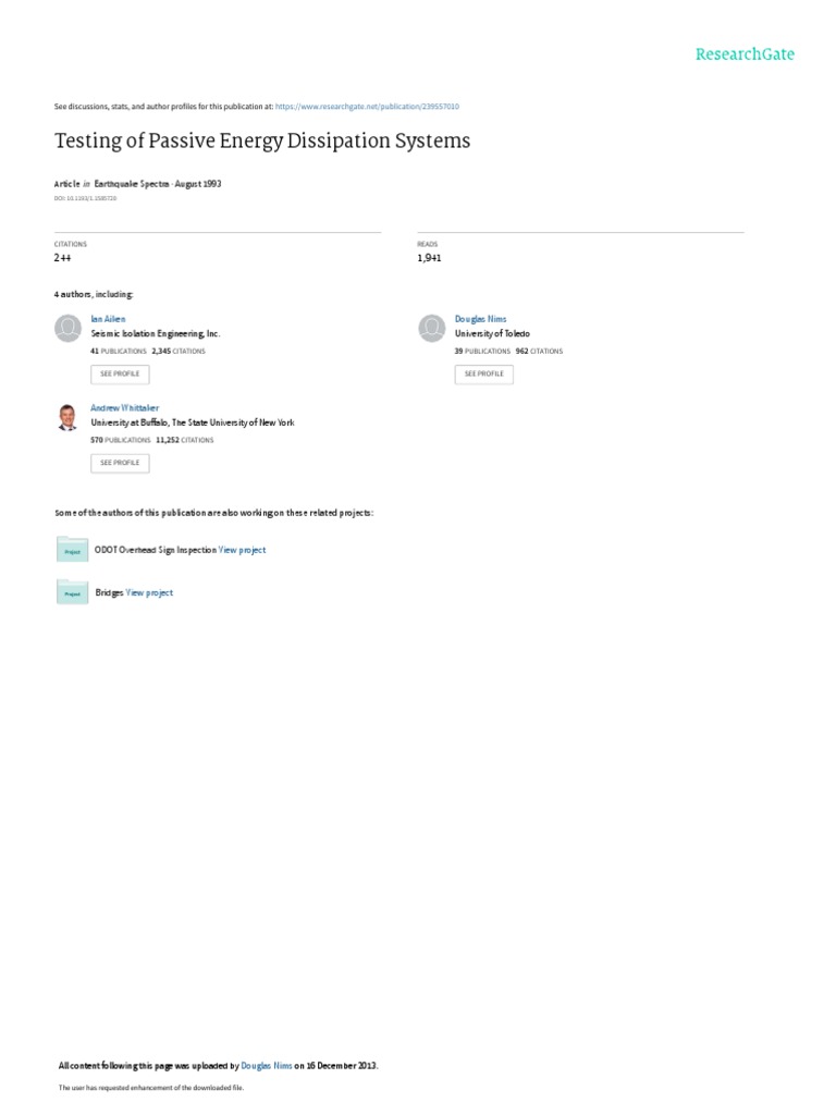Testing of Passive Energy Dissipation Systems | PDF | Friction | Hysteresis