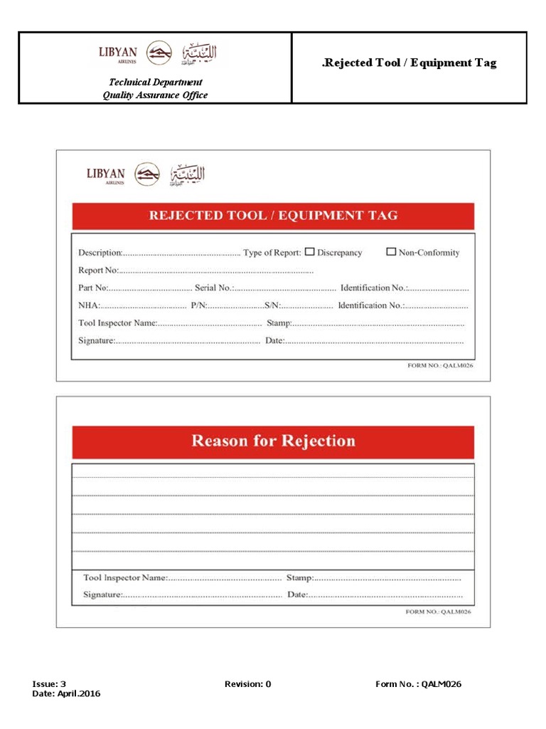 QALM 026 Rejected Tool Equipment Tag | PDF