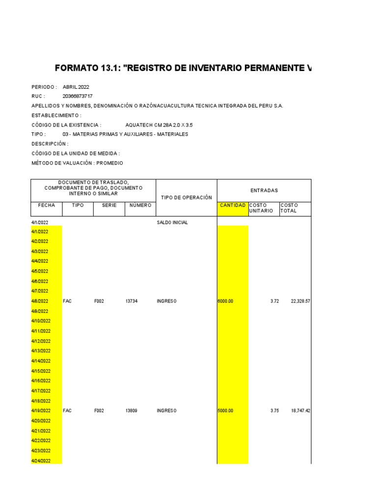 Formato 13.1: "Registro de Inventario Permanente Valorizado - Detalle ...