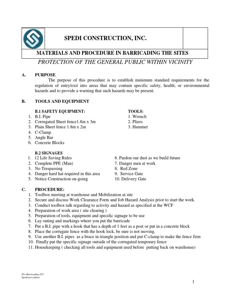 Site Security Barricading Procedure-SPEDI | PDF