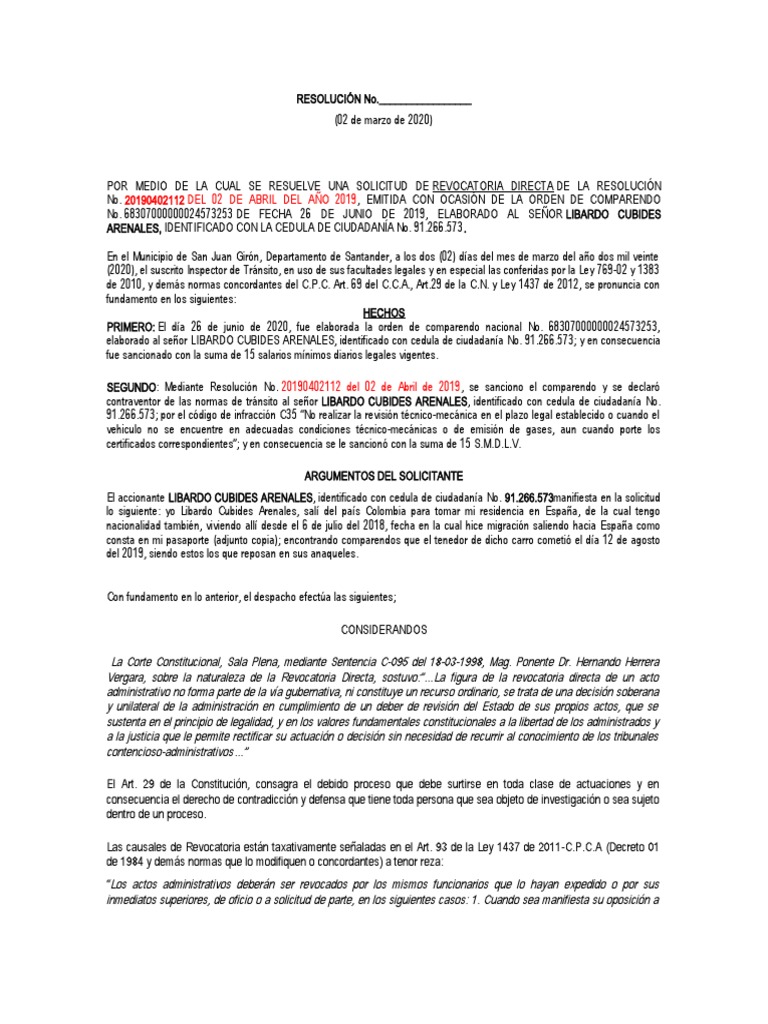 Revocatoria directa de comparendo por falta de identificación del ...