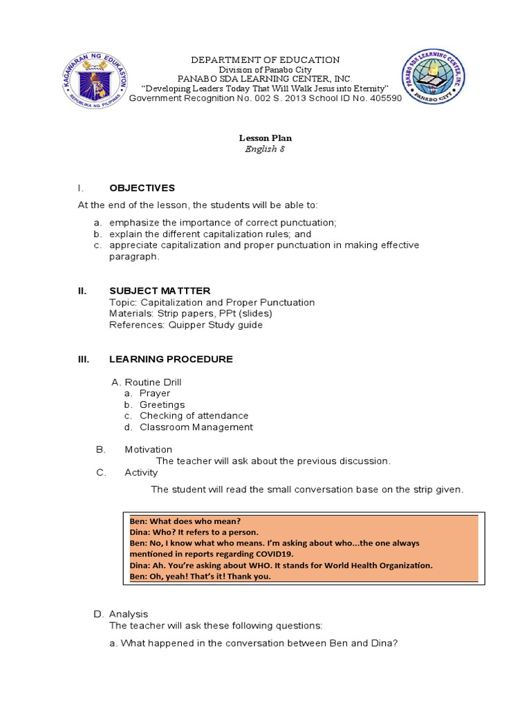 LESSON PLAN For Demo | Download Free PDF | Punctuation | Lesson Plan