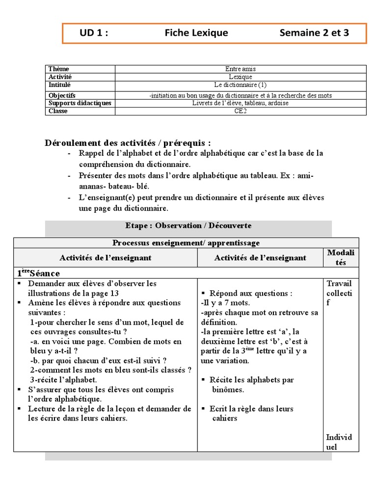 Fiche Pédagogique Ce2 Lexique | PDF | Dictionnaire | Cognition