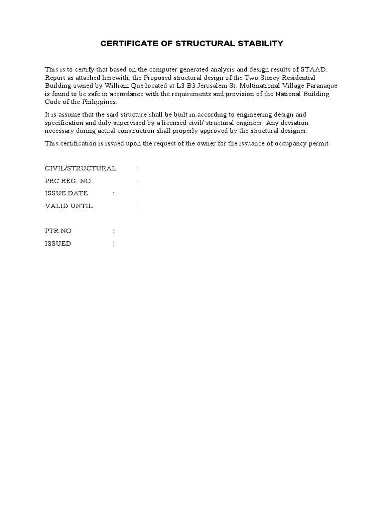 Certificate of Structural Stability | PDF