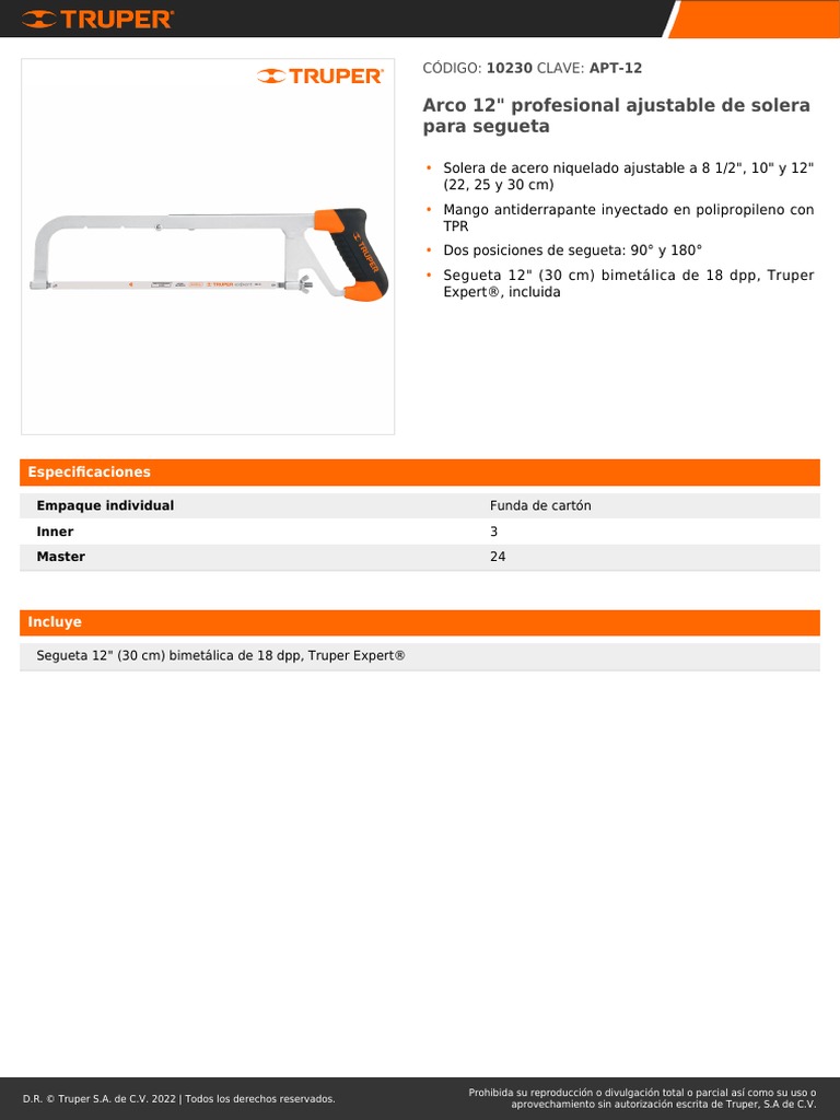 Arco 12" Profesional Ajustable de Solera para Segueta: CÓDIGO: 10230 ...