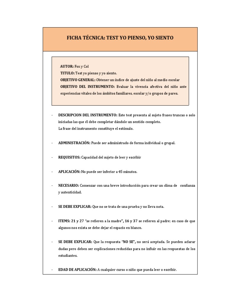 Ficha Técnica del Test Yo Pienso, Yo Siento | PDF