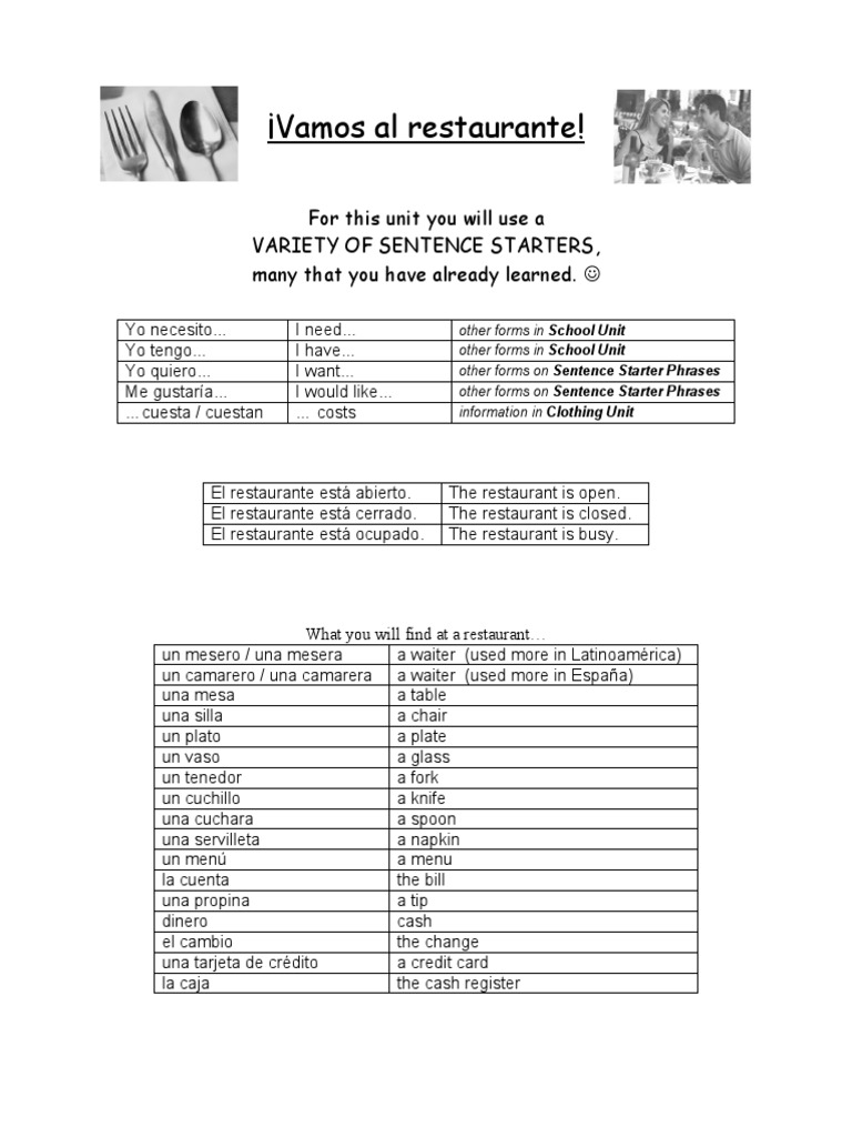 Vocabulario y frases para restaurantes | PDF | Alimentos | Cocina