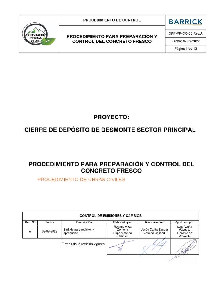 CPP-PR-CO-03 Preparación y Control Del Concreto Fresco - Con Comentarios | PDF | Hormigón ...