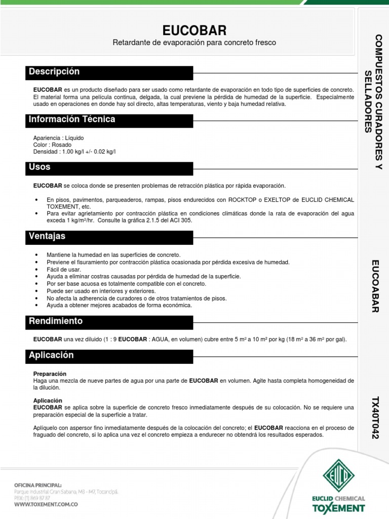 Ficha Tecnica Eucobar | PDF | Hormigón | Agua