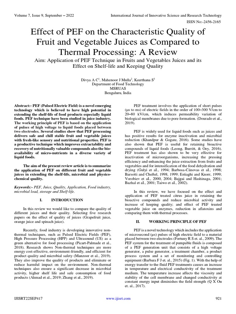 Effect of PEF On The Characteristic Quality of Fruit and Vegetable ...