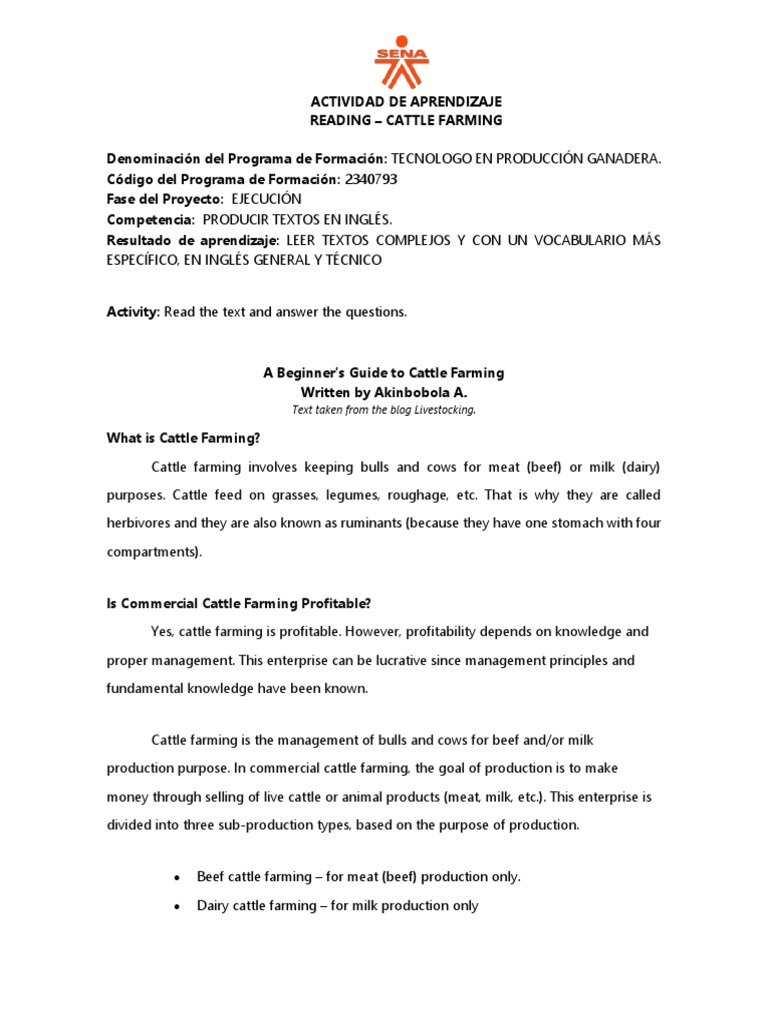 Actividad de Aprendizaje - Reading - Cattle Farming | PDF | Cattle ...