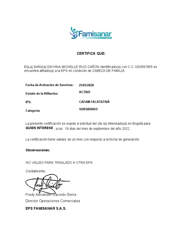Certificado de Afiliación Famisanar | PDF