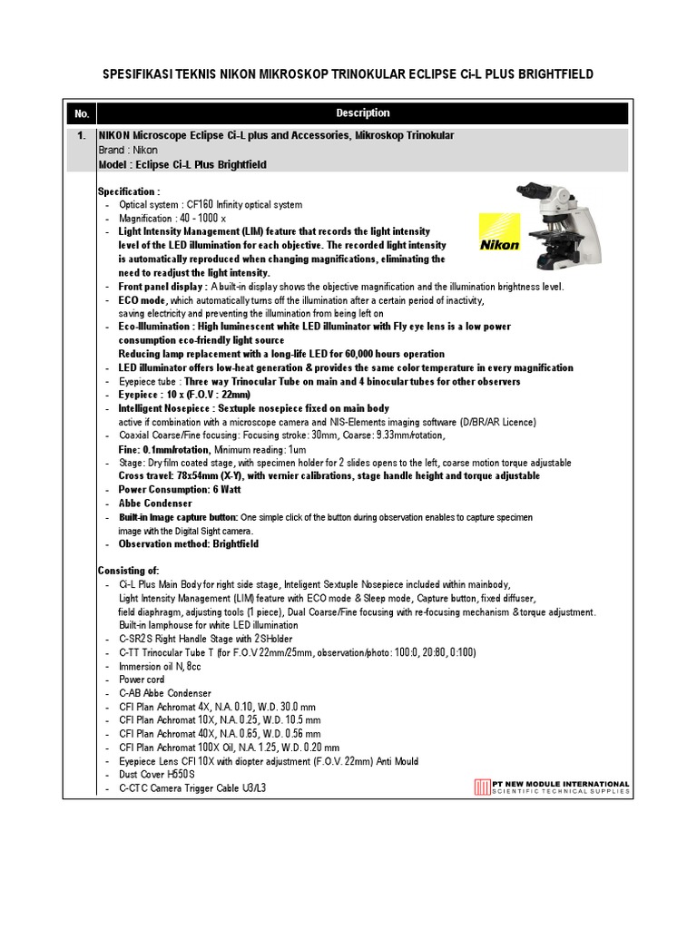 Specification of the Nikon Eclipse Ci-L Plus Trinocular Microscope: A High-Performance LED ...