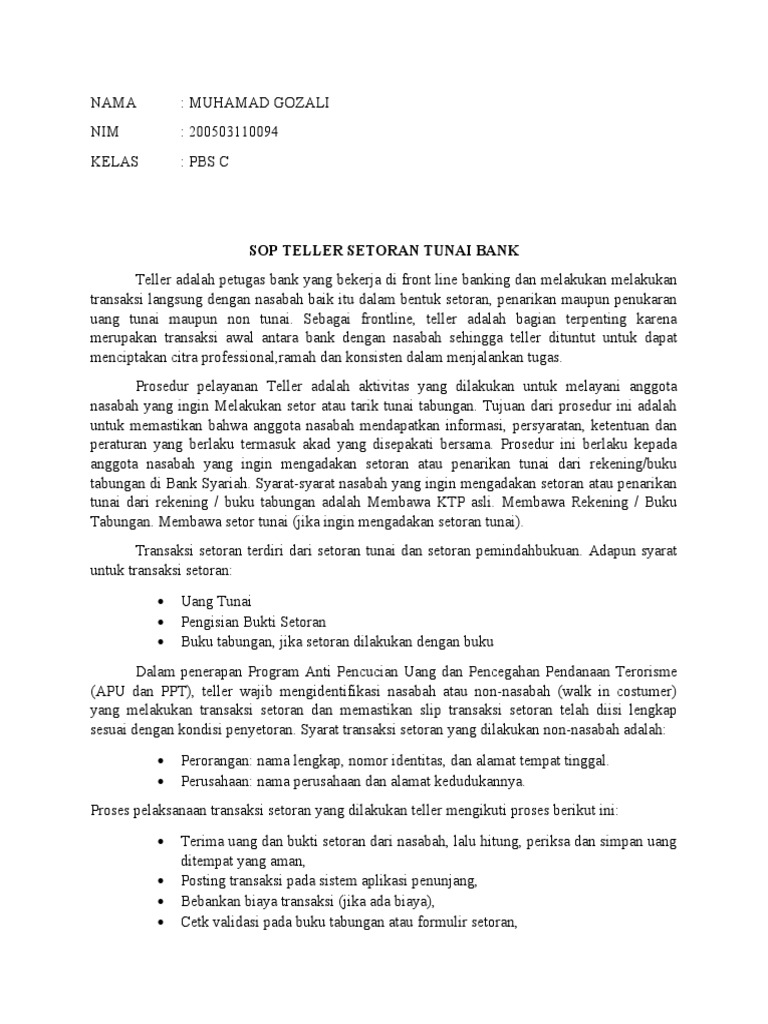 Prosedur Setoran Tunai Teller Bank | PDF