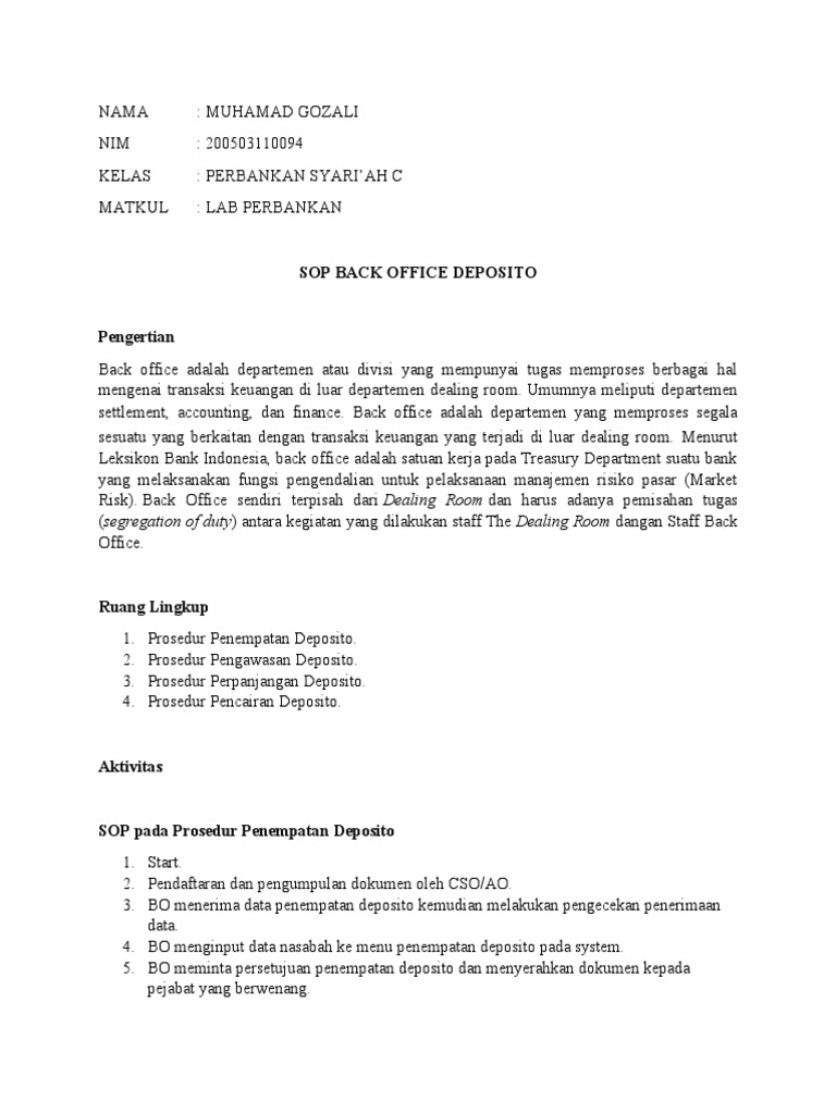 Sop Back Office Deposito | PDF