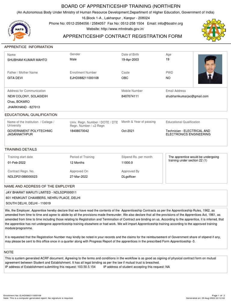 Apprenticeship Contract Form | PDF | Apprenticeship | Employment