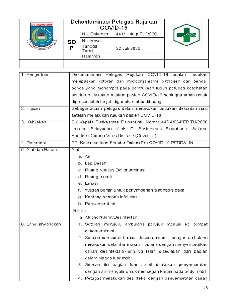 Sop Dekontaminasi Petugas Perujuk Covid-19 | PDF | Sains & Matematika