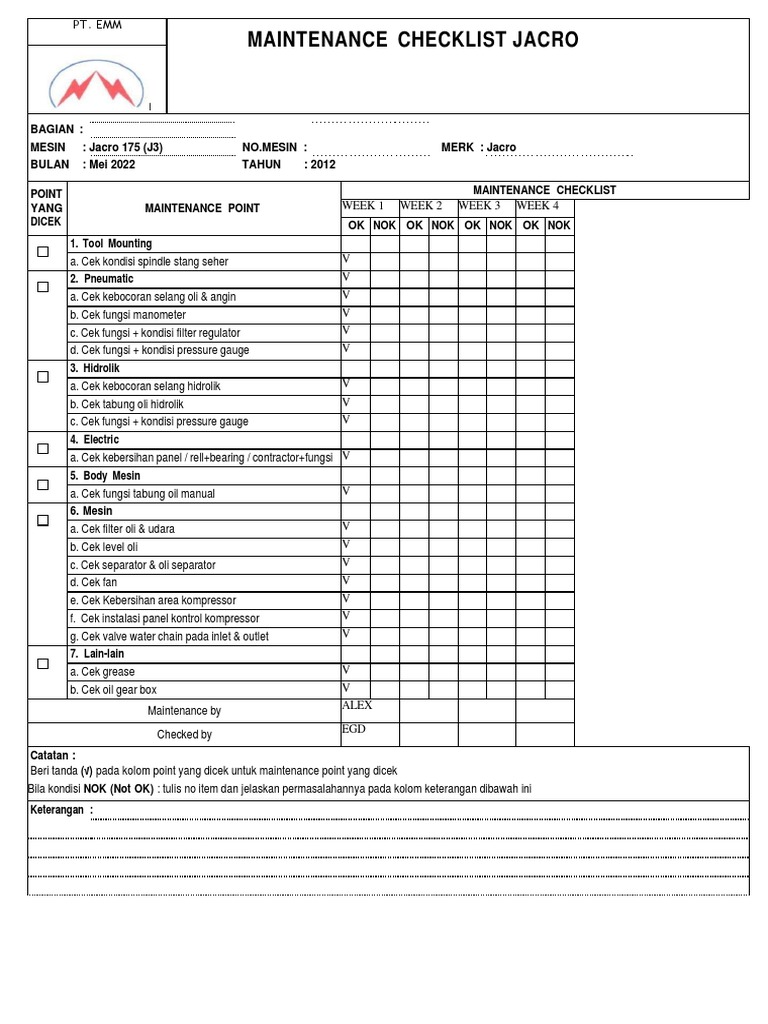 Checklist Maintanace Mesin Jacro 3 | PDF | Teknologi & Rekayasa