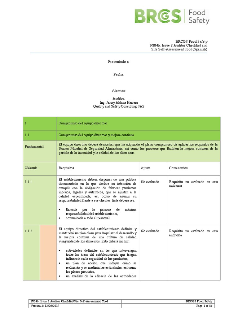 Lista de Verificación BRCGS Seguridad Alimentaria | PDF | Análisis de Riesgo y Puntos Críticos ...