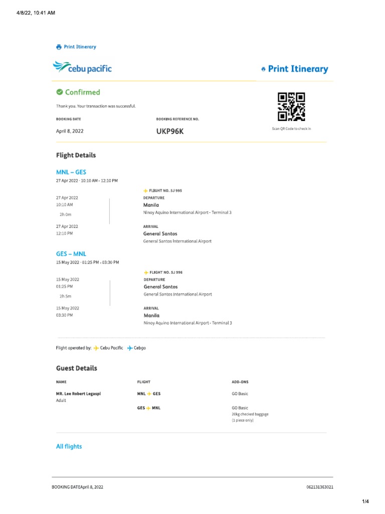 Itinerary CebPac | PDF