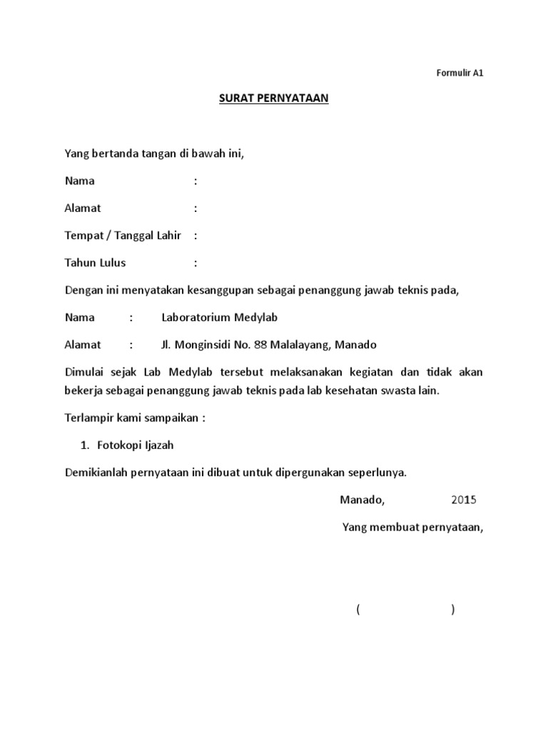Surat Pernyataan Lab Medylab Manado | PDF