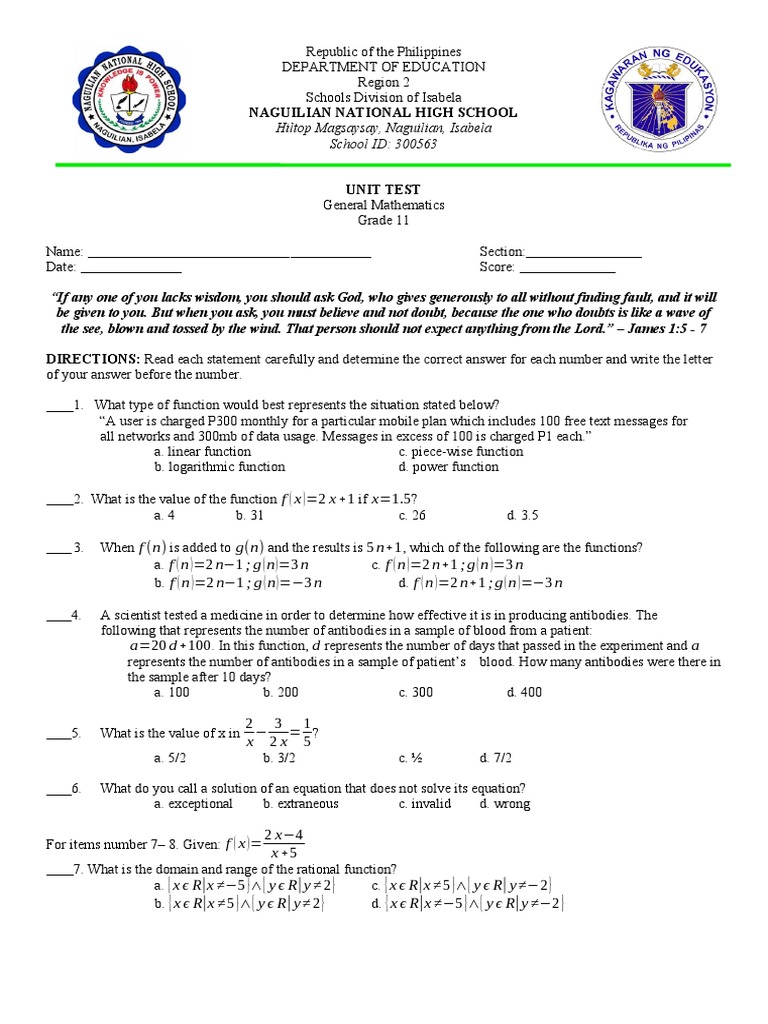 1st Quarter Unit Test in GEN MATH 2021 | PDF | Exponential Function ...