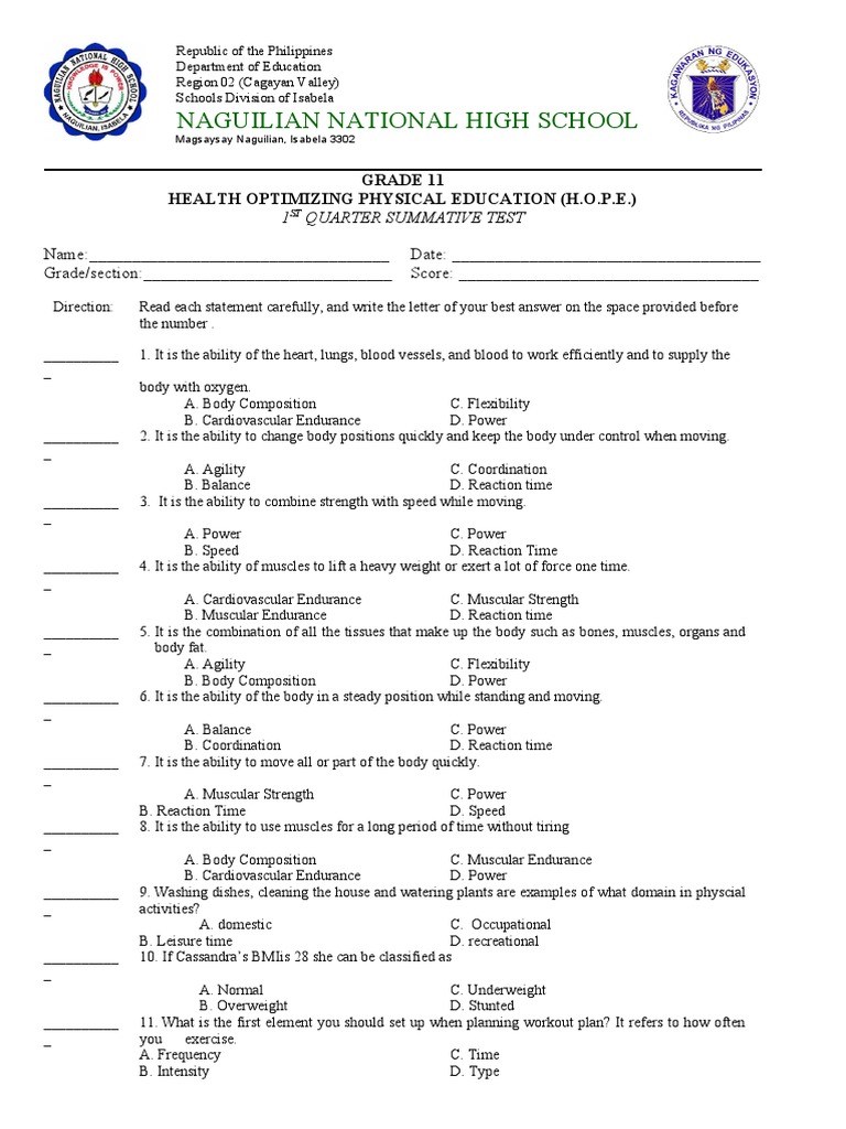 Grade 12 PE 1st Quarter Exam Guide | PDF | Physical Fitness | Aerobic ...
