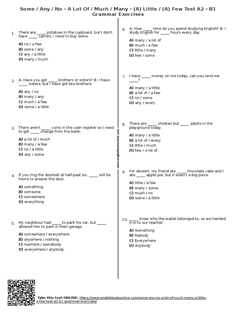481 - Some Any No A Lot of Much Many A Little A Few Test A2 b1 Grammar ...