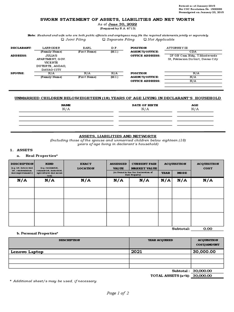 SALN Blank | PDF | Net Worth | Economies