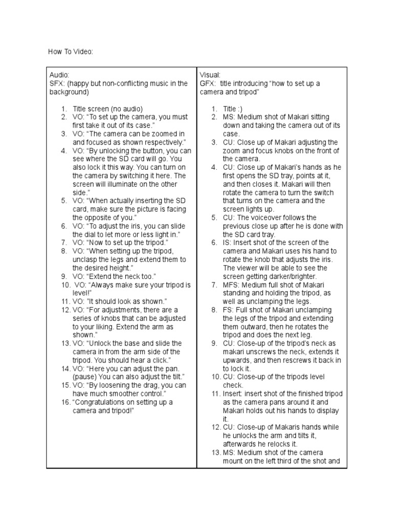 How To Video Script | PDF | Tripod (Photography) | Camera