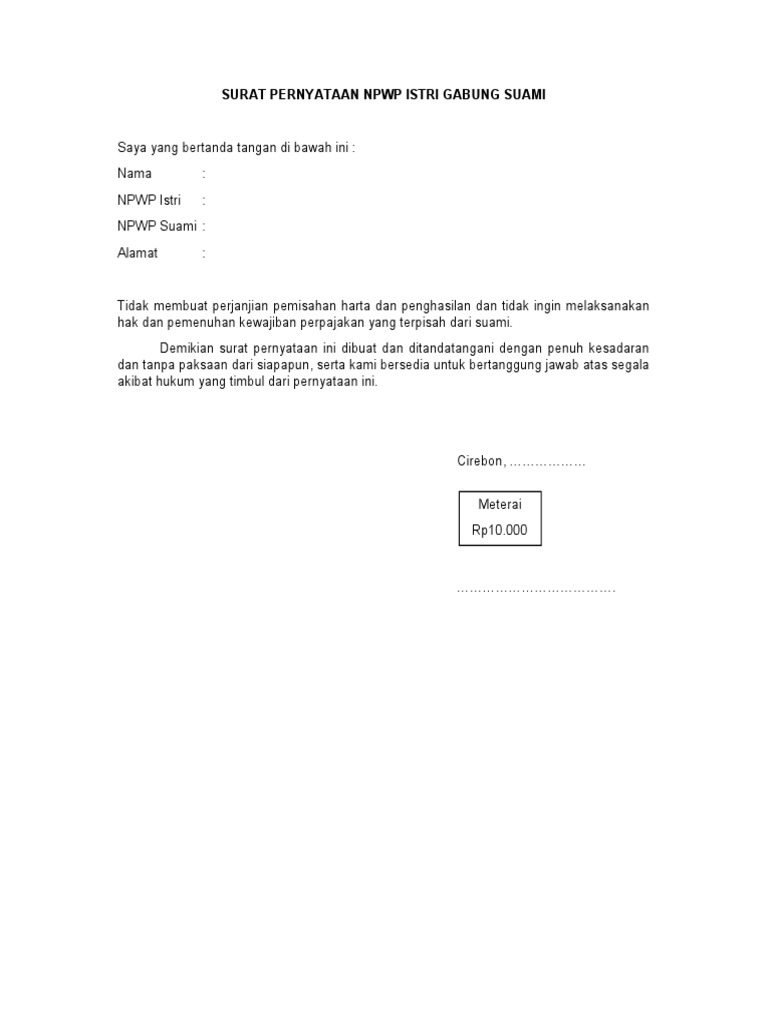 Surat Pernyataan NPWP Istri Gabung Suami | PDF Surat Pernyataan NPWP Istri Gabung Suami | PDF